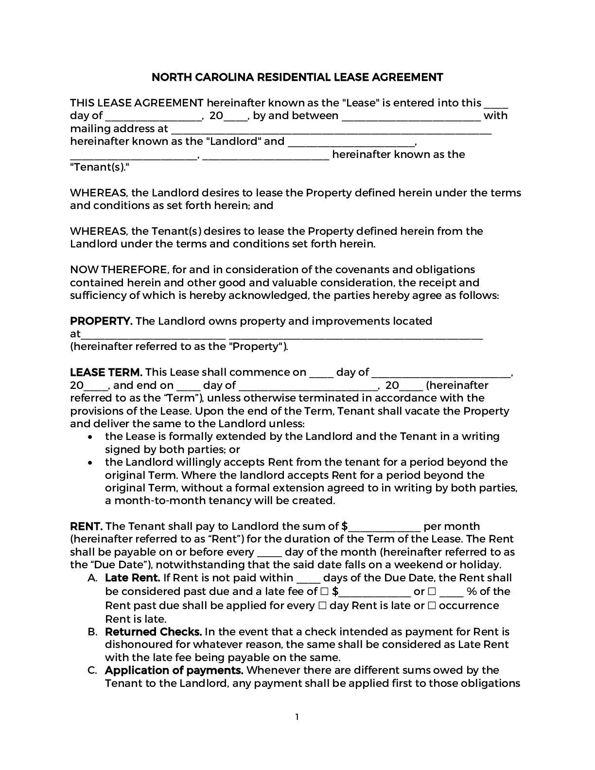 North Carolina Lease Agreement Free 2021 Official PDF Word