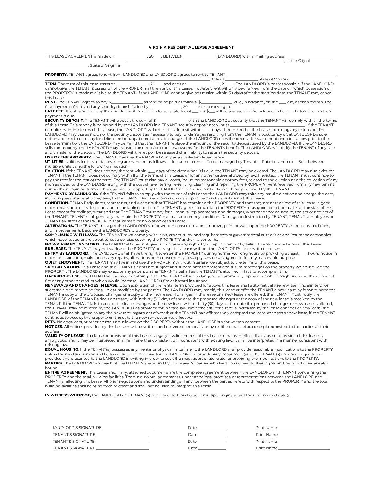 Virginia Lease Agreement Free 2021 Official PDF Word